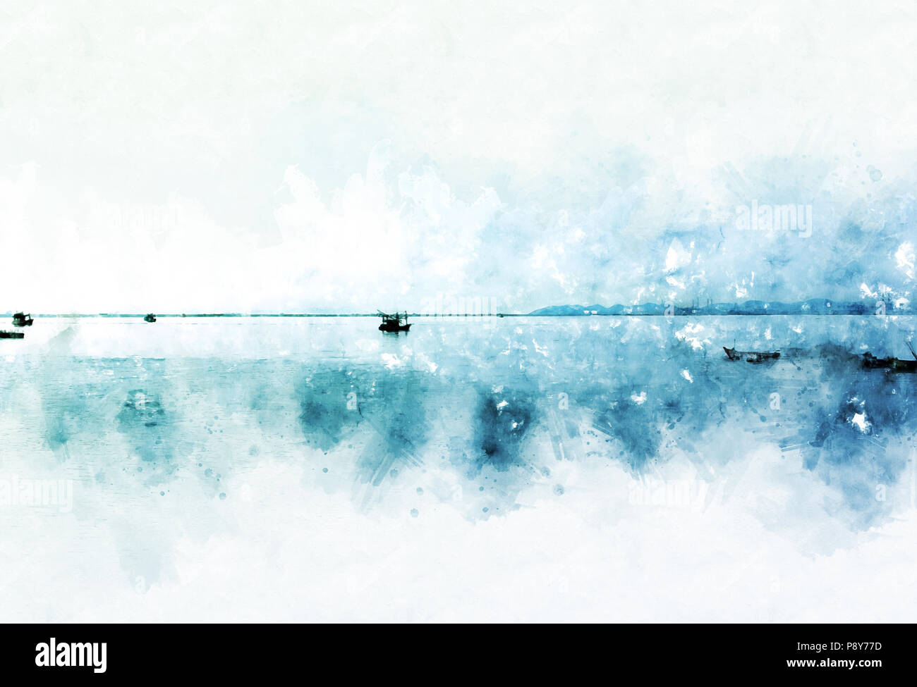 Abstract Long boat fishing on watercolor paining background and ...