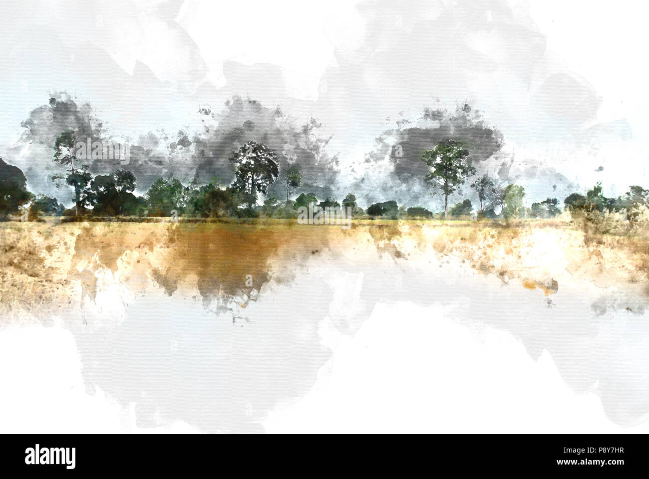 Abstract Colorful tree and landscape tree on watercolor painting ...