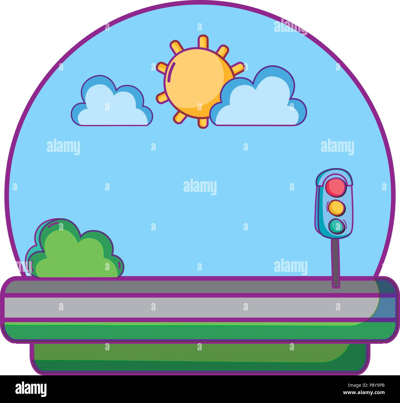 traffic lights in the road with sun and clouds vector illustration ...