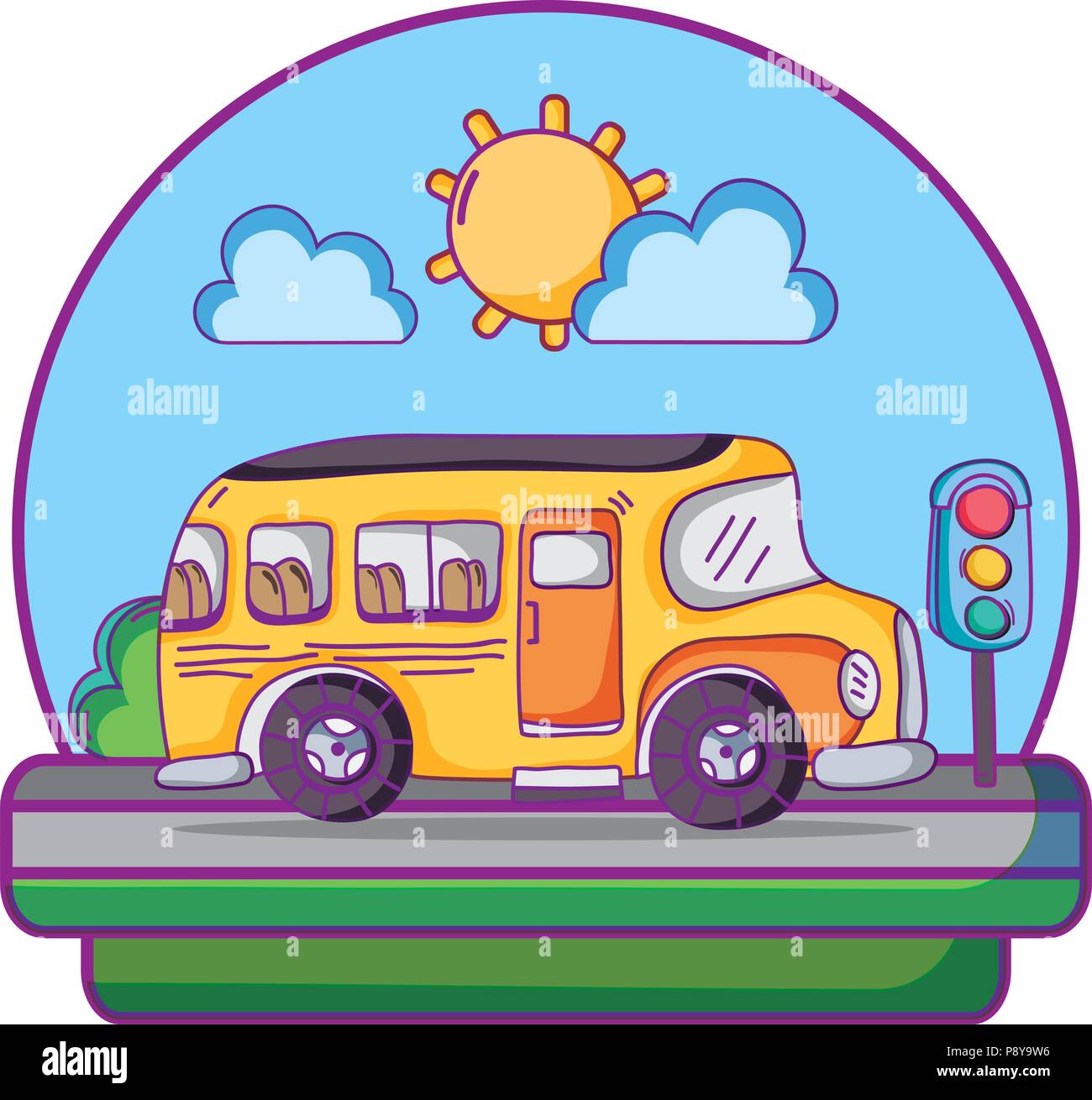 school bus in the street with traffic lights vector illustration Stock ...