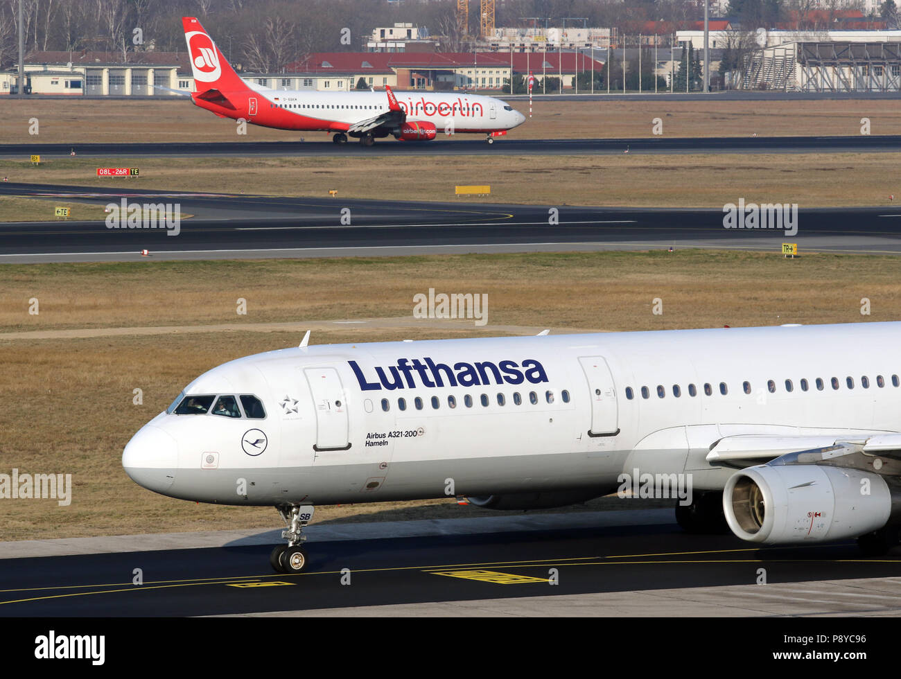 Berlin, Germany, Airbus A321 of the airline Lufthansa and Boeing 737 of ...