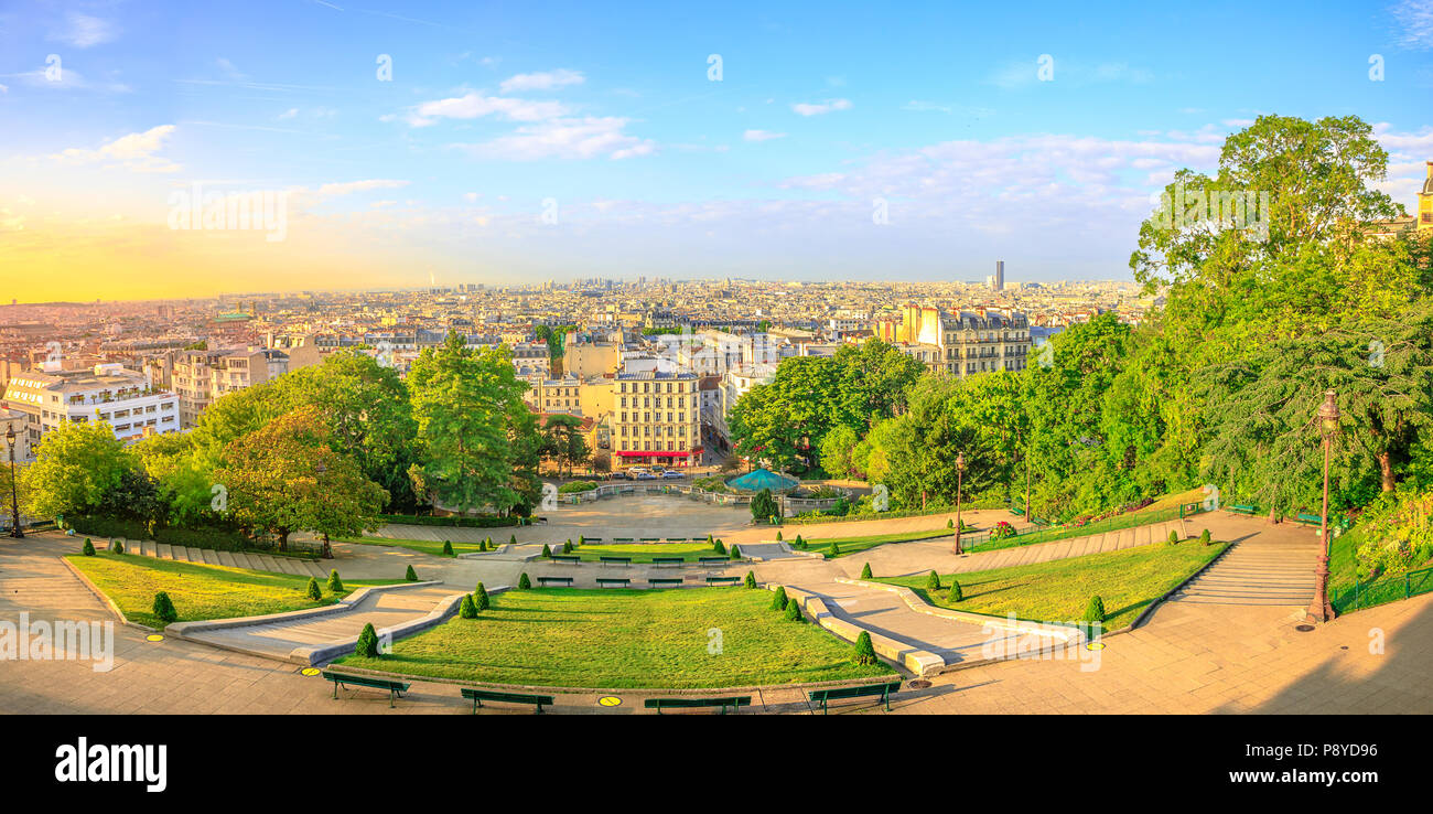 Scenic panorama of Paris at sunset and skyline above Paris. Wide angle ...