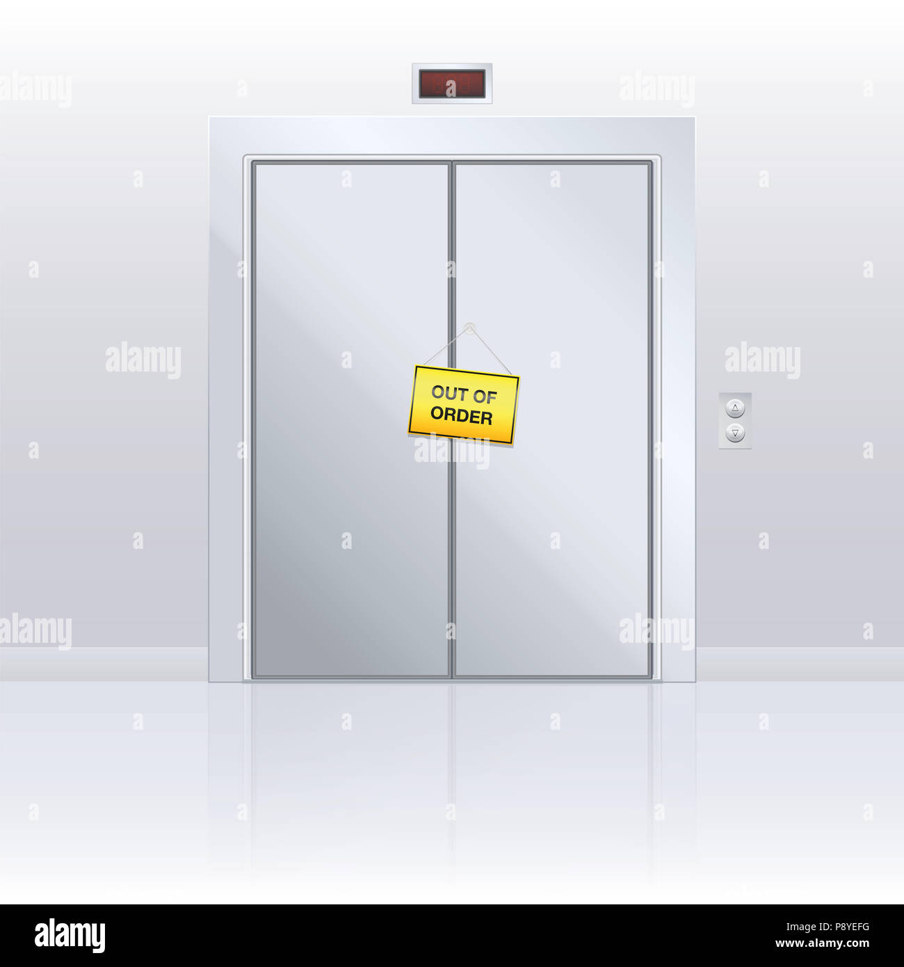 Out of order sign on elevator door. Yellow warning panel hanging on ...