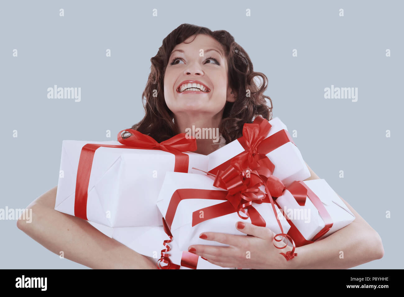 picture of cheerful santa helper girl with gift box Stock Photo - Alamy
