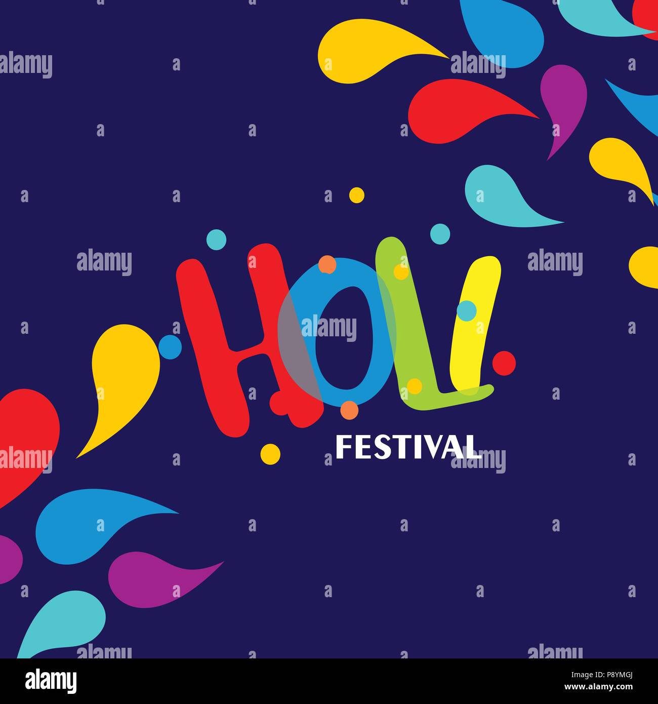 happy holi festival. holi color drops with creative typography on blue ...