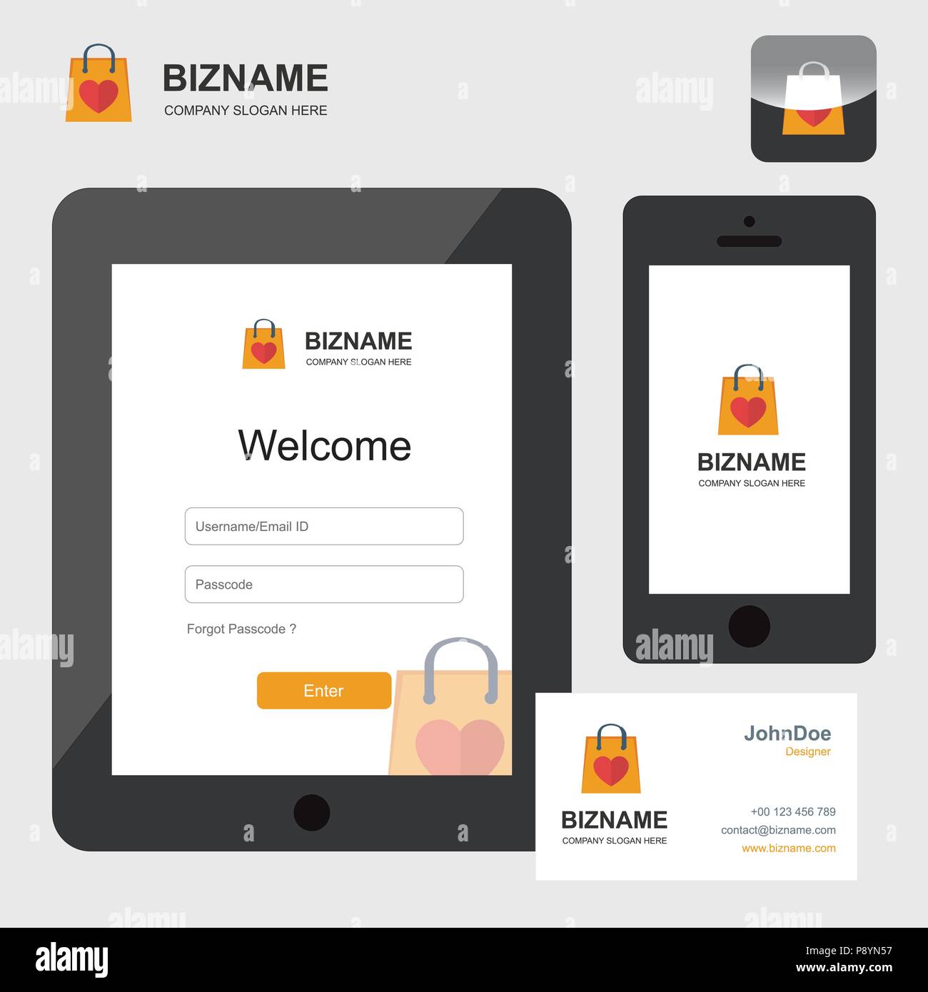 Company mobile and tablet sign in screen design with shopping bag logo ...