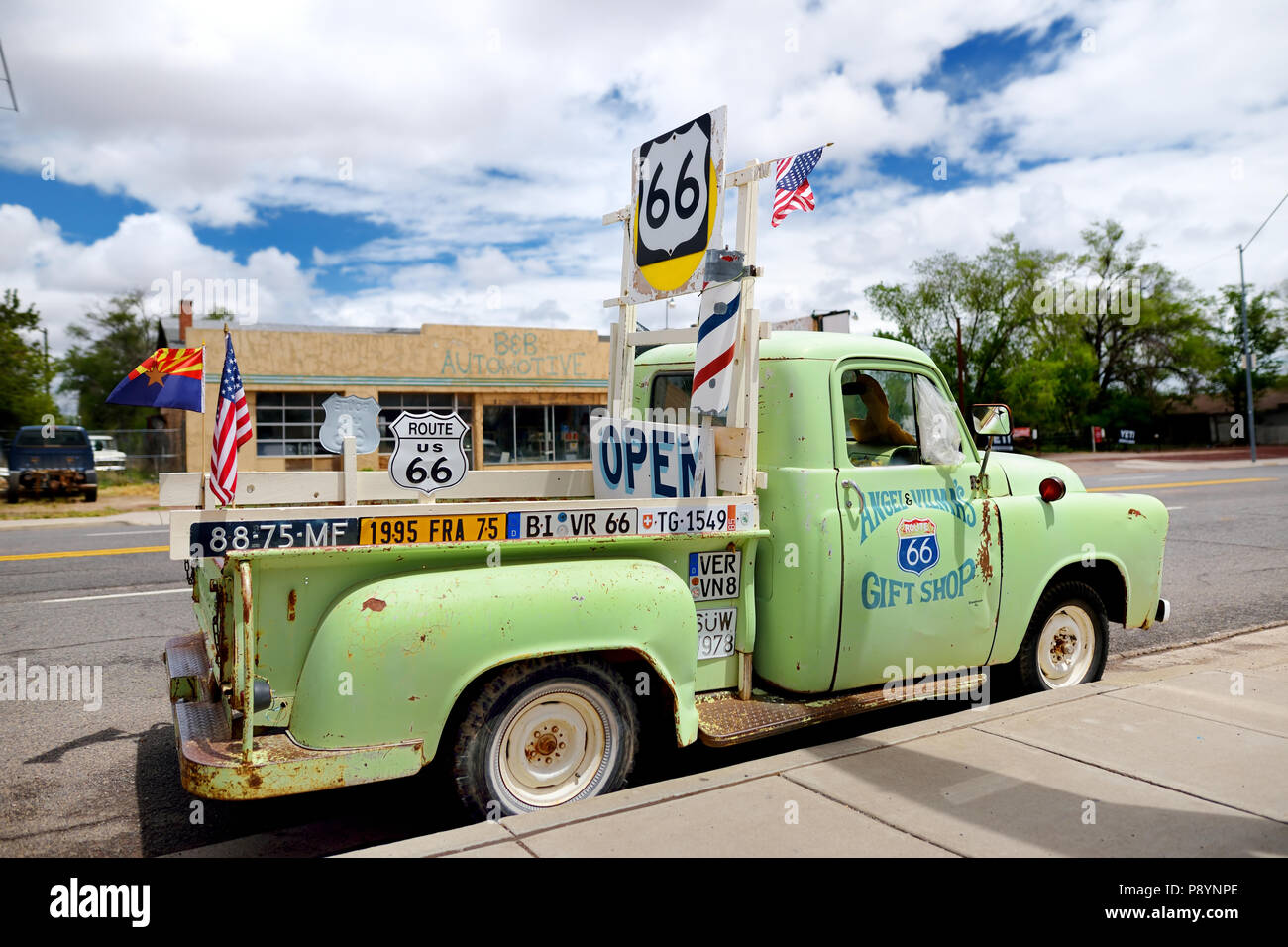 SELIGMAN, ARIZONA, USA - MAY 1, 2016 : Colorful Route 66 decorations in ...