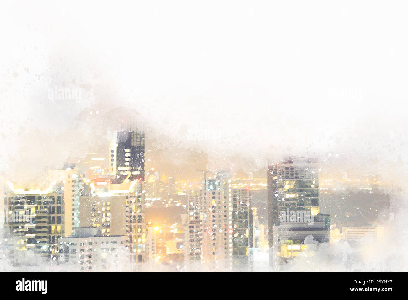 Abstract offices building in the city on watercolor painting background ...