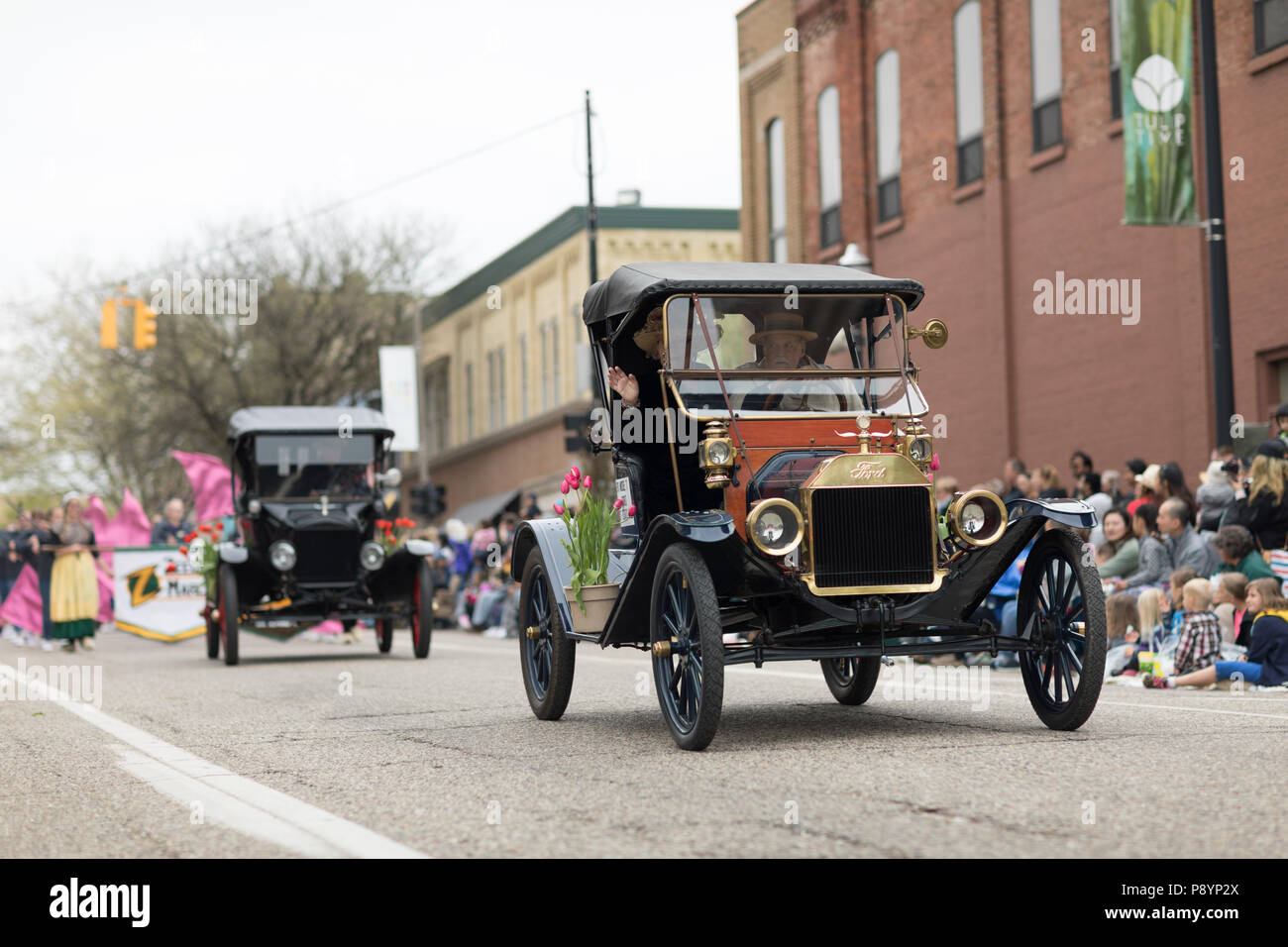 Holland, Michigan, USA - May 12, 2018 Ford Model T, with tulip flowers ...