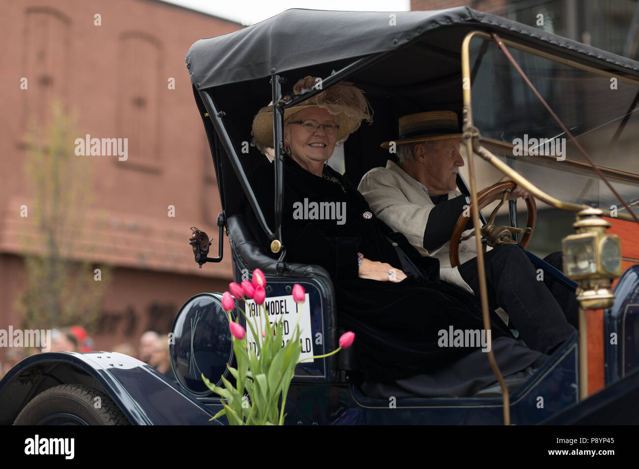 Holland, Michigan, USA - May 12, 2018 Ford Model T, with tulip flowers ...