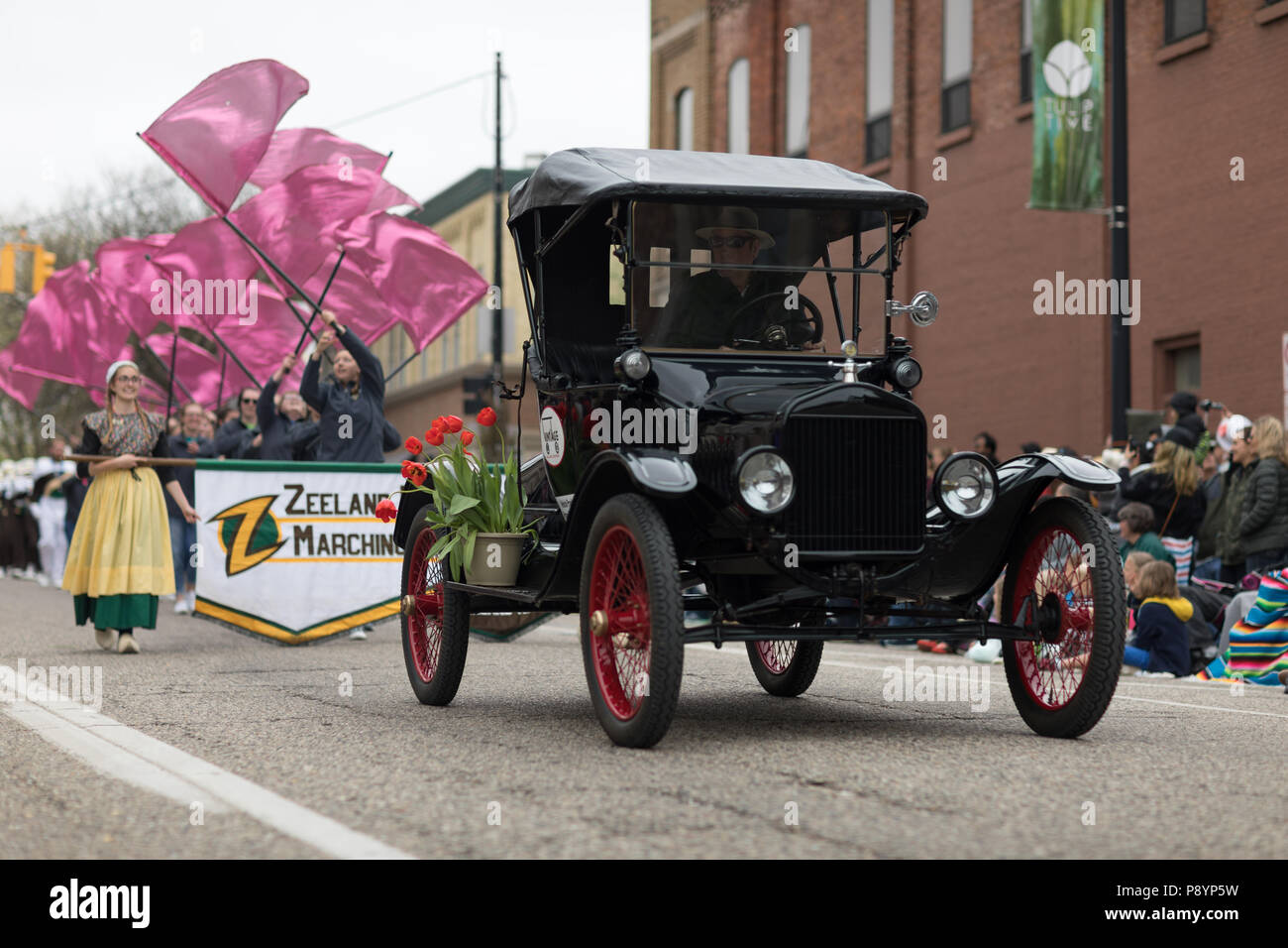 Holland, Michigan, USA - May 12, 2018 Ford Model T, with tulip flowers ...