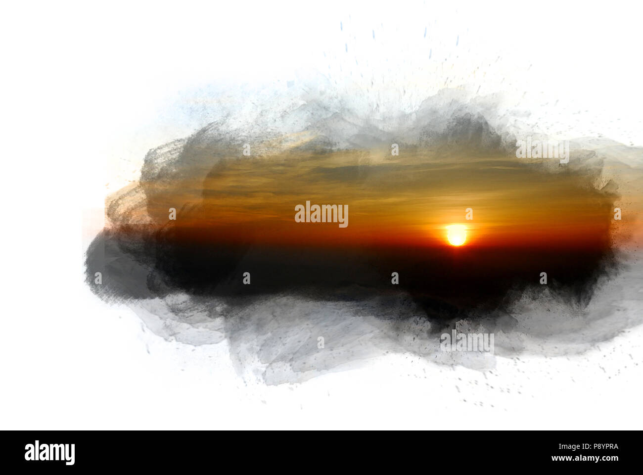 Abstract colorful sunrise, sunset on watercolor illustration painting ...