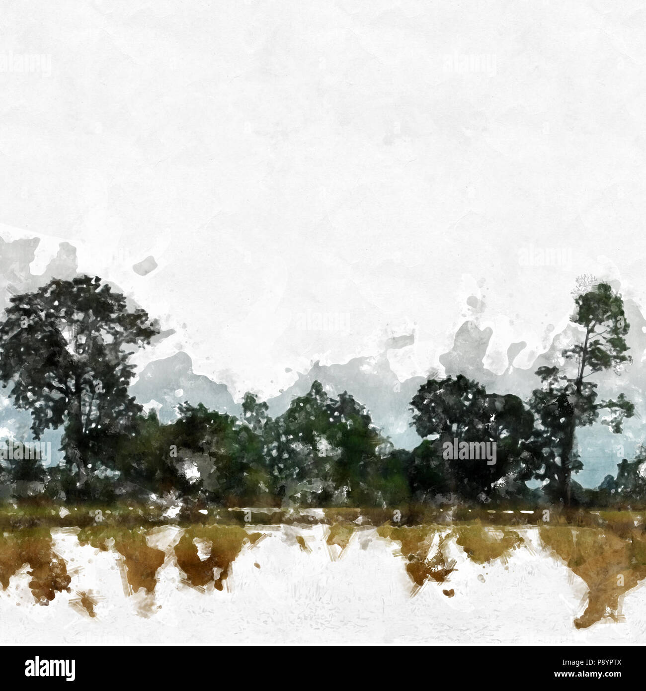 Abstract beautiful tree landscape on watercolor painting background ...