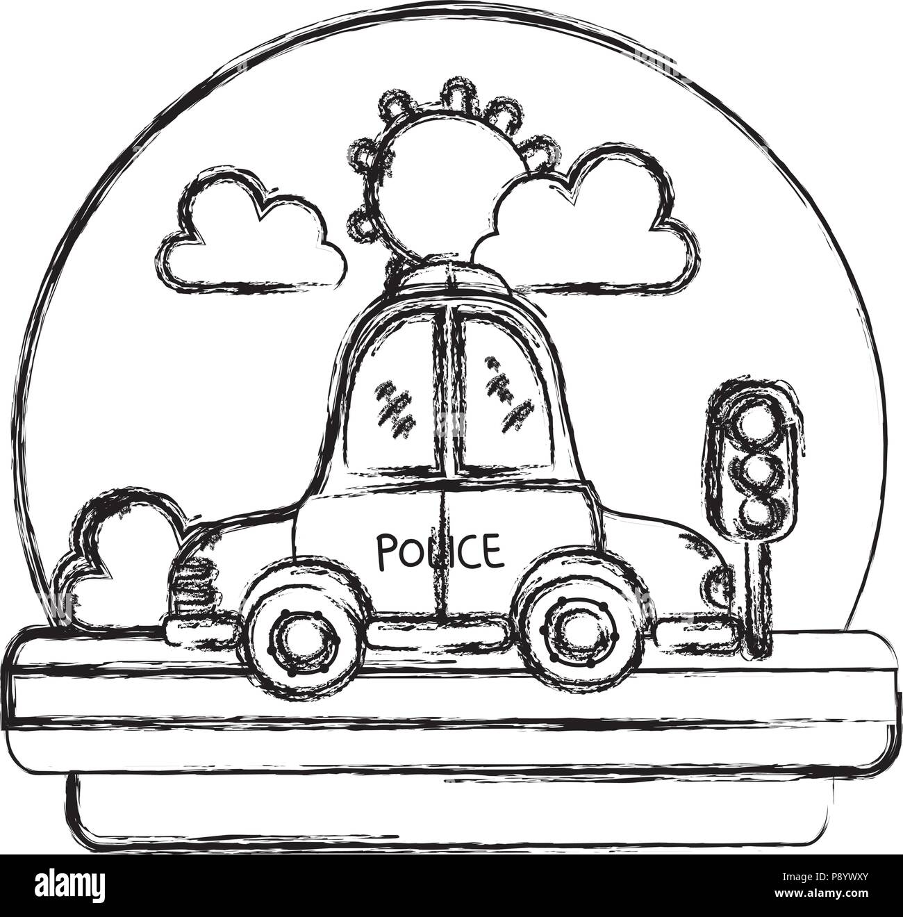 grunge police car in the road with traffic lights vector illustration ...