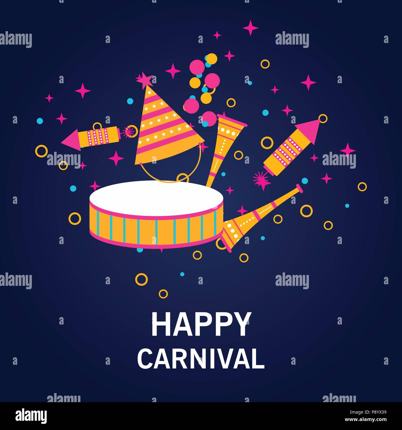 Blue Background having white typography and colorful circus elements ...