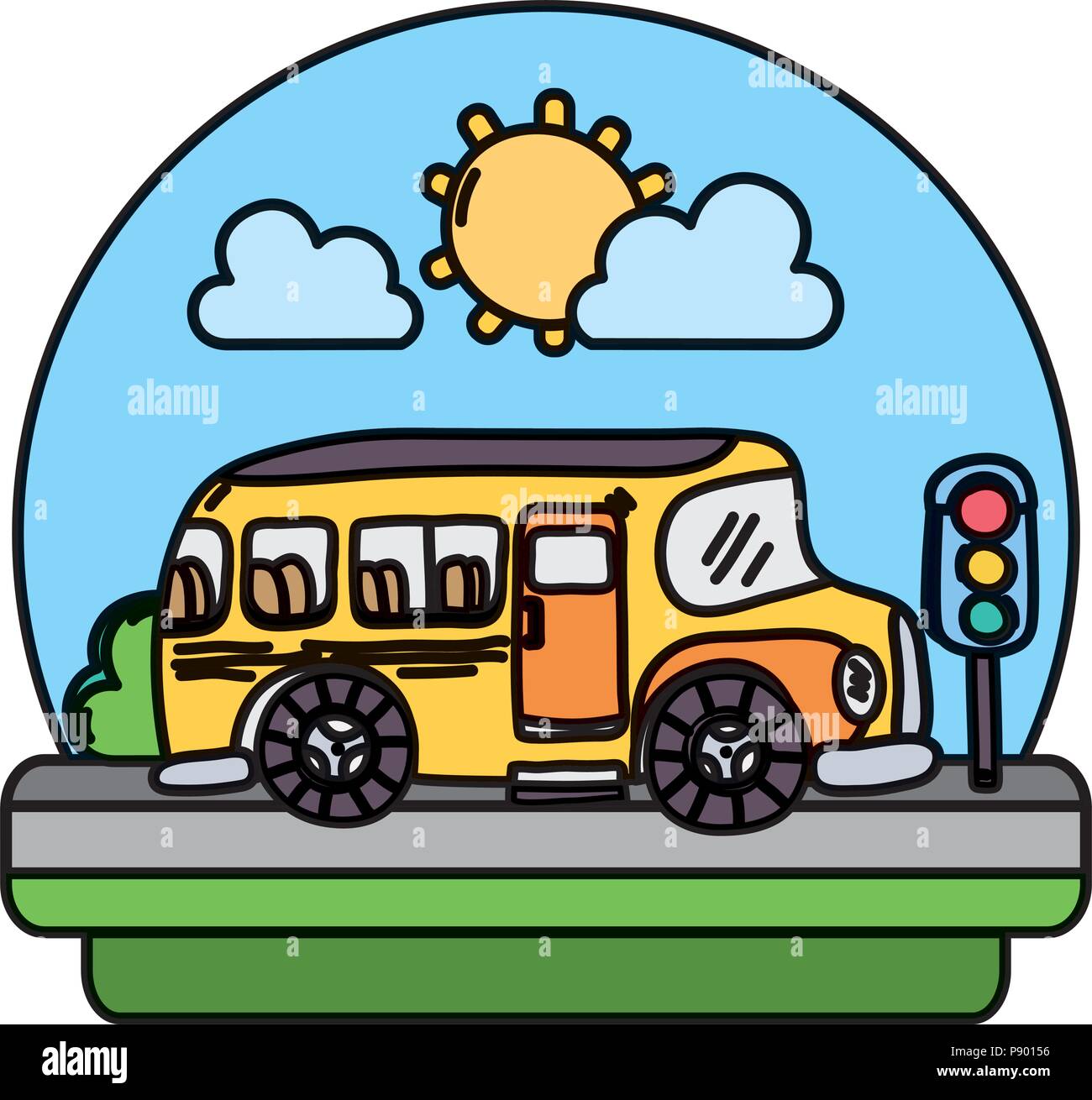 color school bus in the street with traffic lights vector illustration ...
