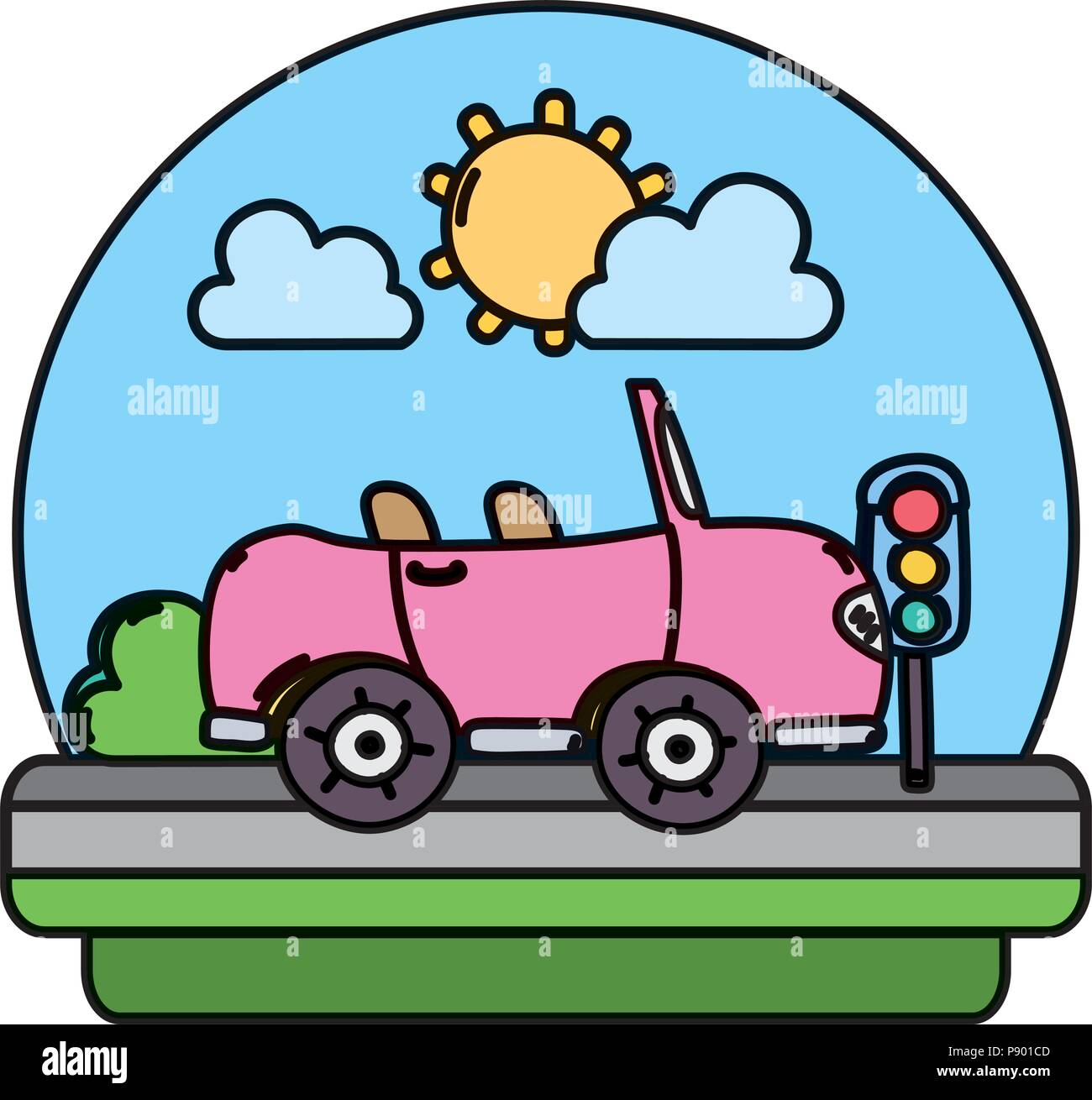 color cute car and traffic lights in the landscape vector illustration ...