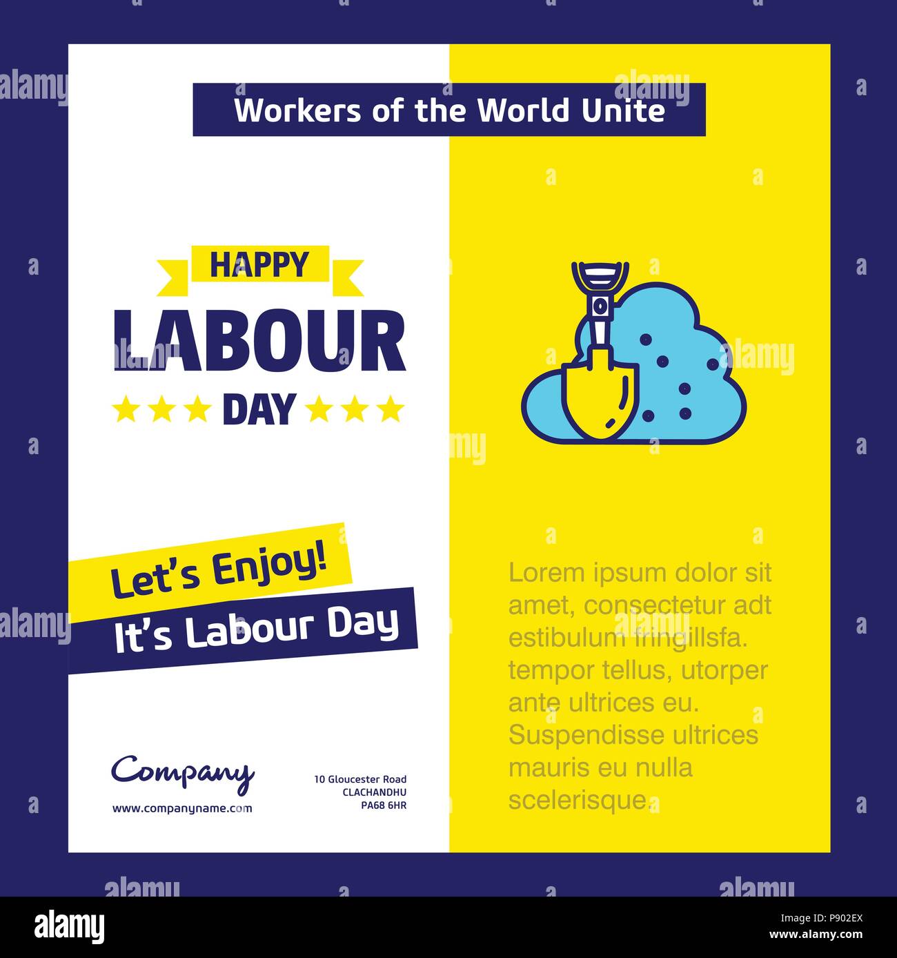 Happy Labour day design with blue and yellow theme vector with sand logo. For web design and ...