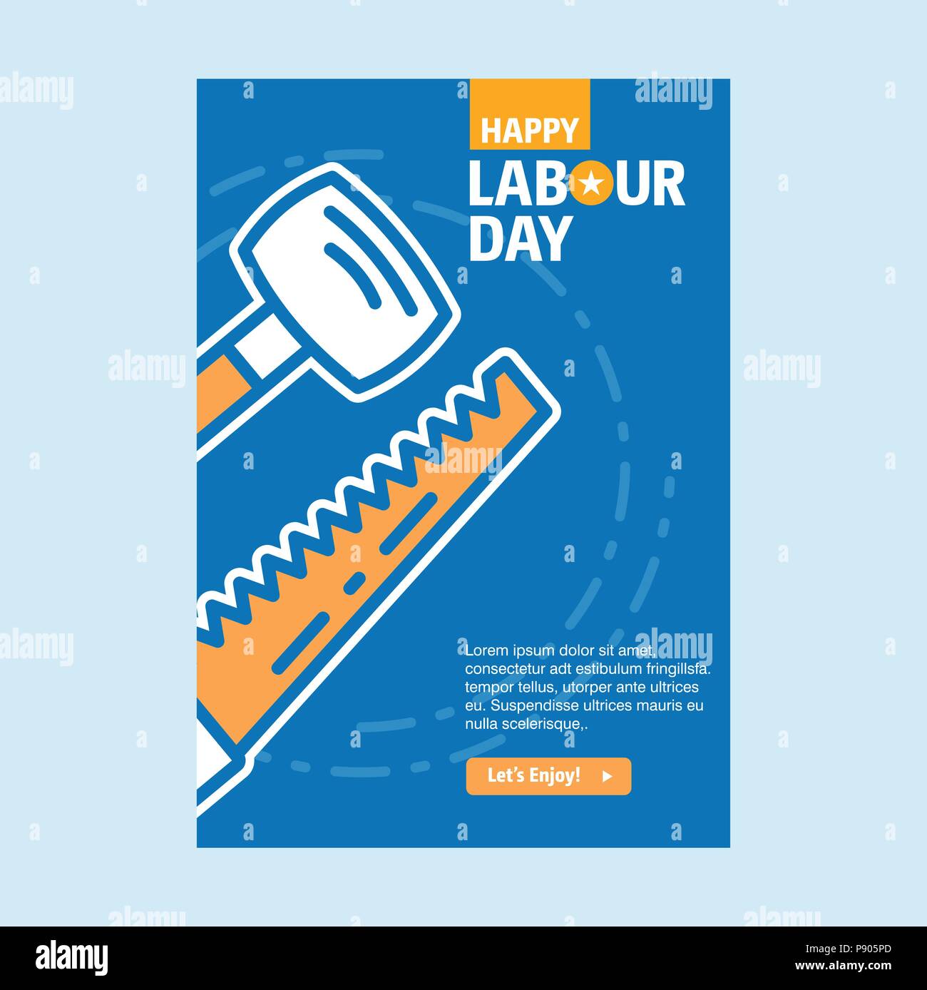 Happy Labour day design with vintage theme blue and orange with saw logo. For web design and ...