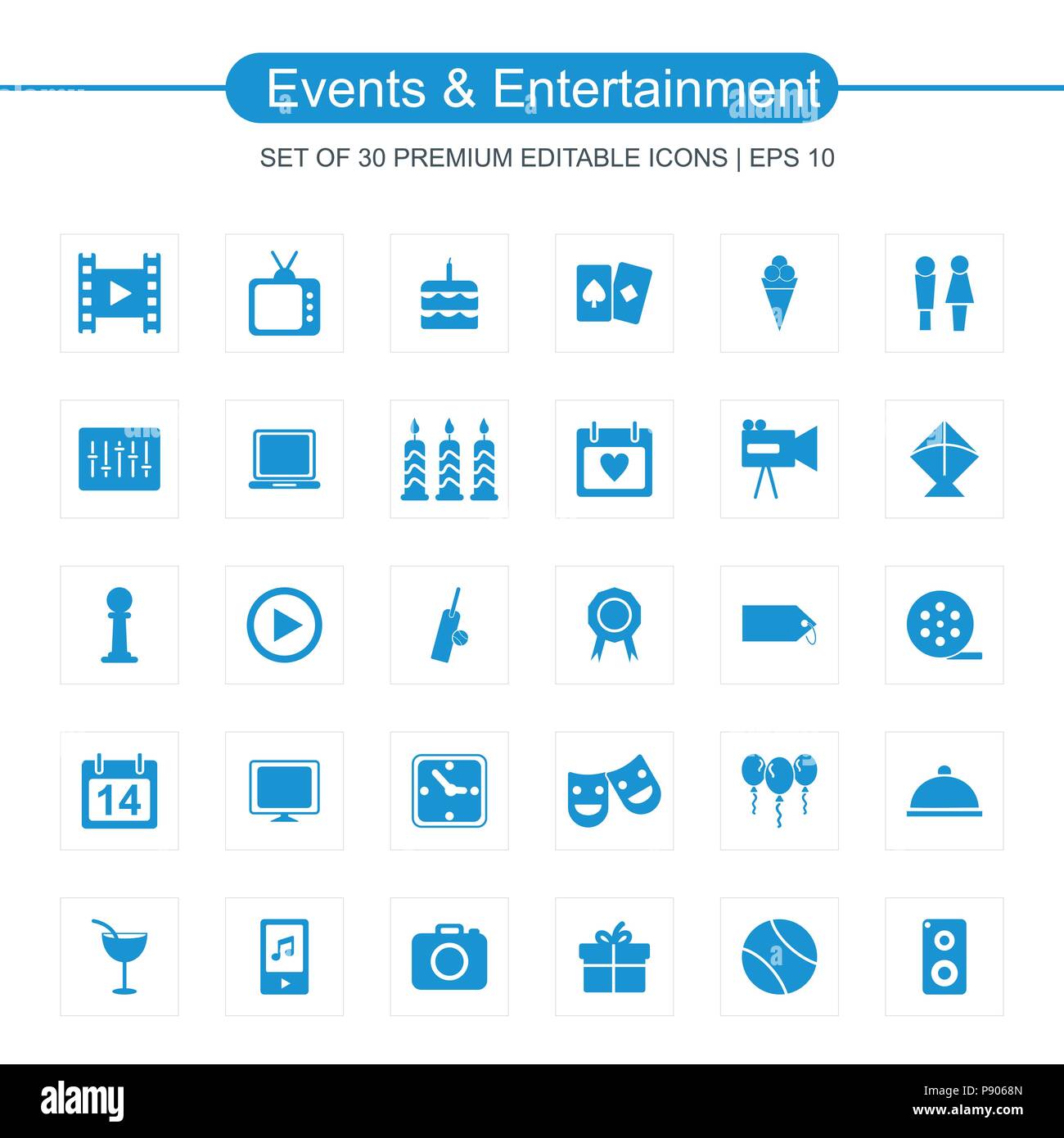 Events and Entertainment blue icons. For web design and application ...