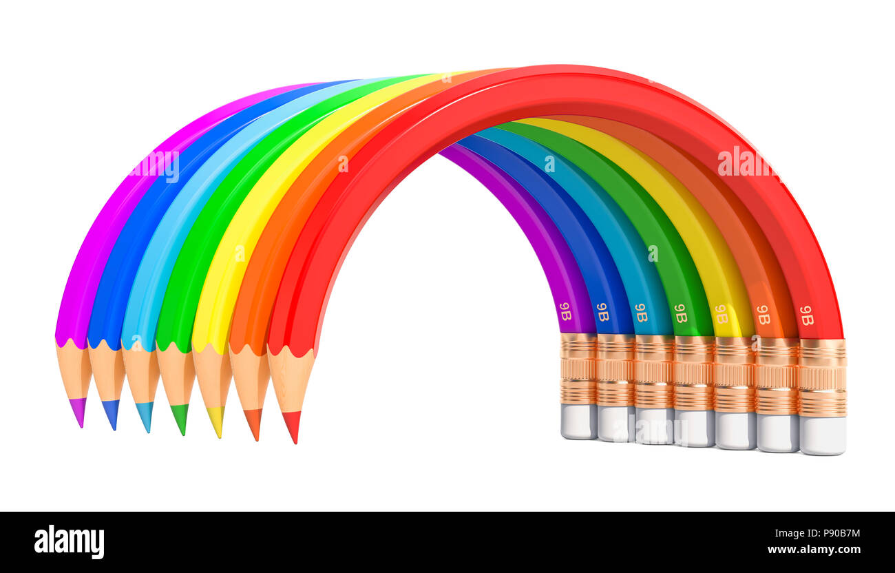Rainbow colored background with an arrangement of colored pencils with ...