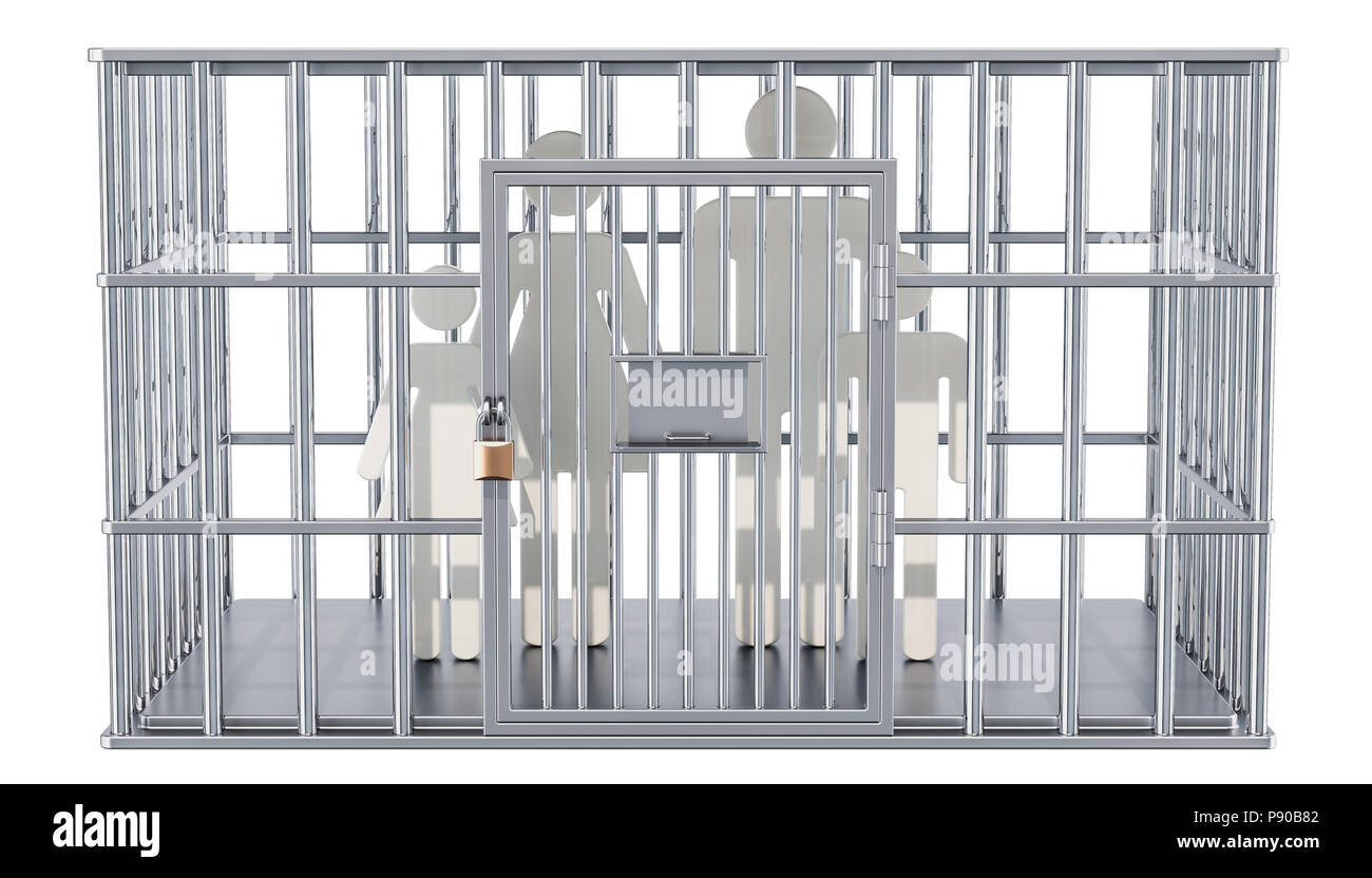 Steel cage, prison cell with family. 3D rendering isolated on white ...