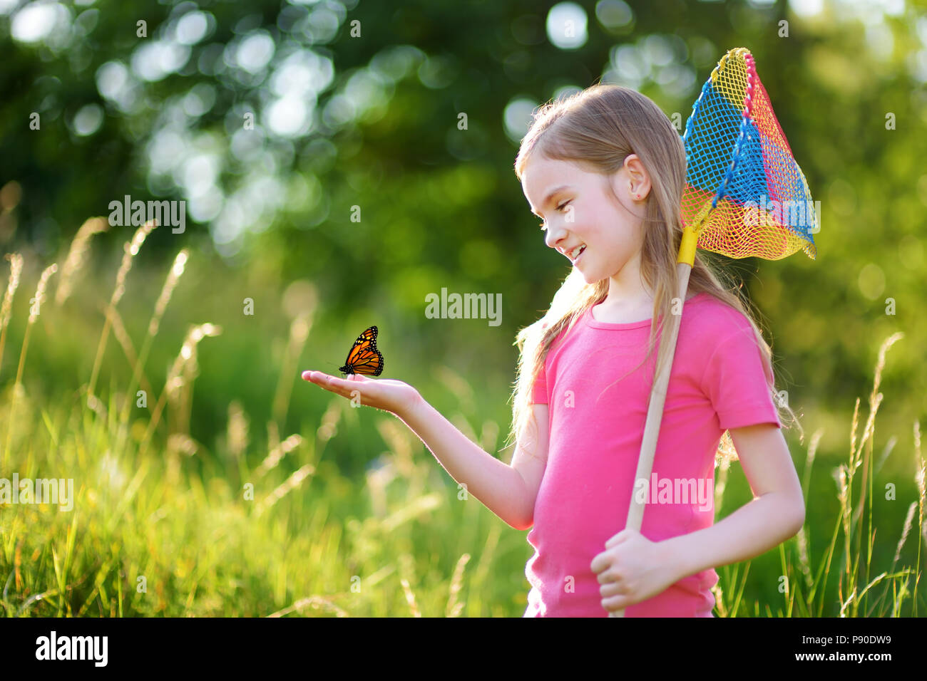 Cute little girl catching butterflies and bugs with her scoop-net on ...