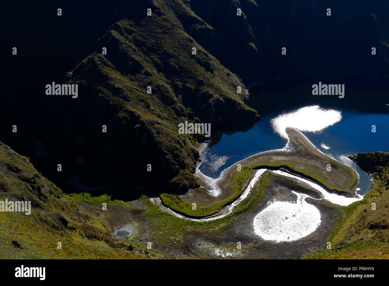 detail of high Andean lagoon located between the hills in the central ...
