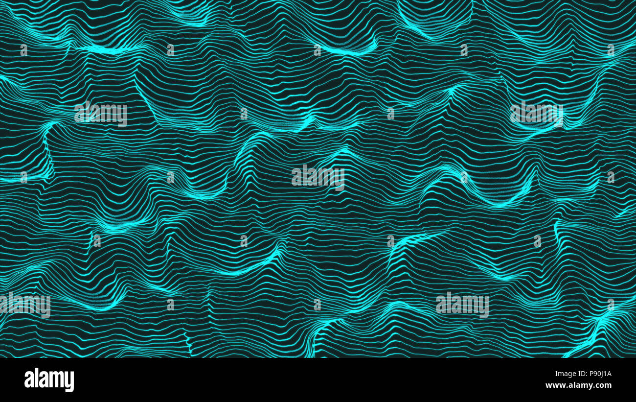 Blue and green waves on moving curved surface. Abstract waveform ...