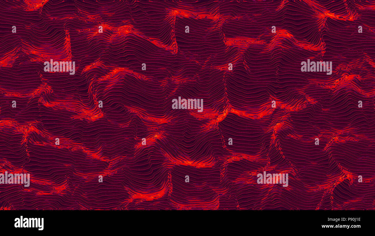Red and dark red waves on moving curved surface. Abstract waveform ...