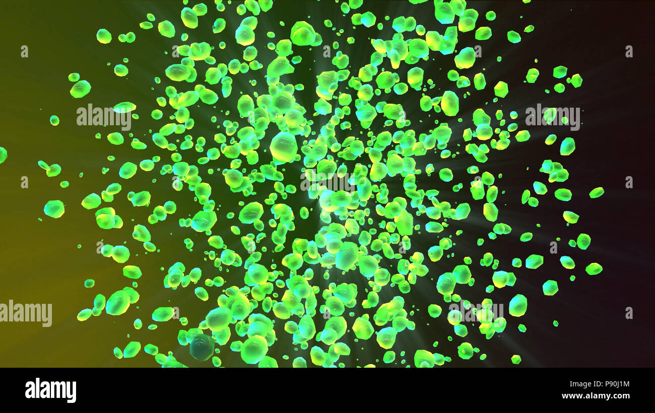 Abstract particle explosion. Green emerald gemstone shards flying ...