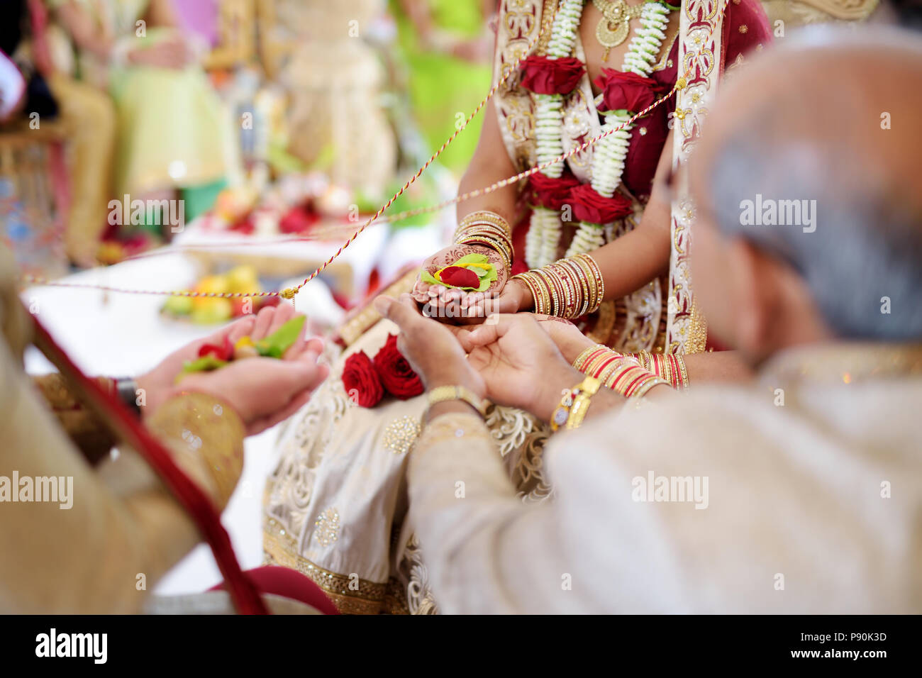 Amazing hindu wedding ceremony. Details of traditional indian wedding. Beautifully decorated ...