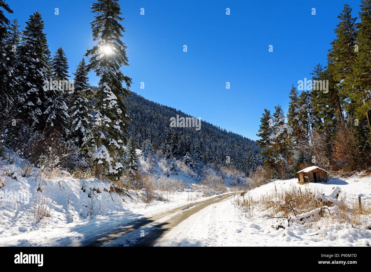 Beautiful snowy road to Zuruldi mount in Hatsvali, Upper Svaneti region ...