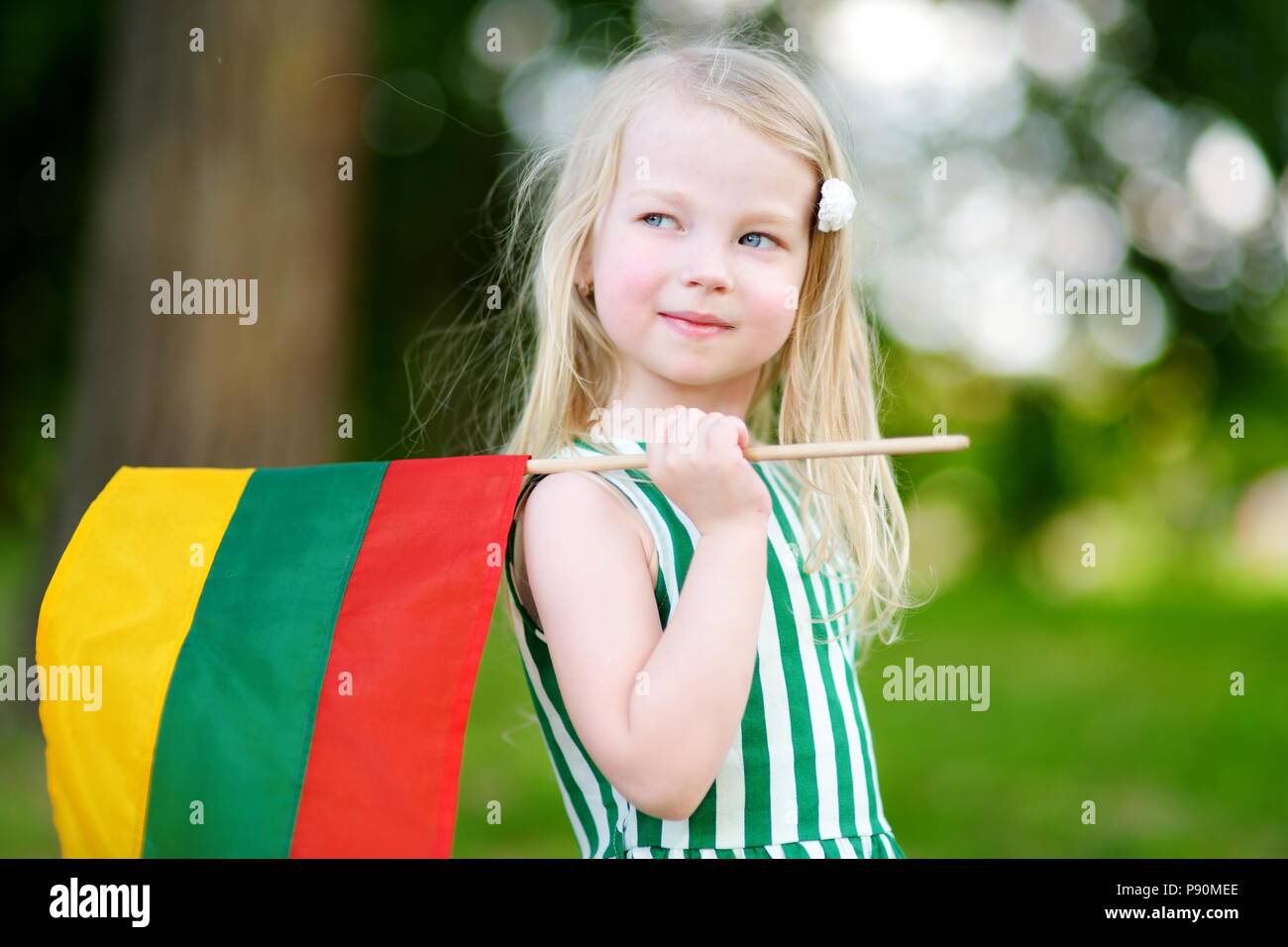 Cute little girl holding tricolor Lithuanian flag on Lithuanian ...