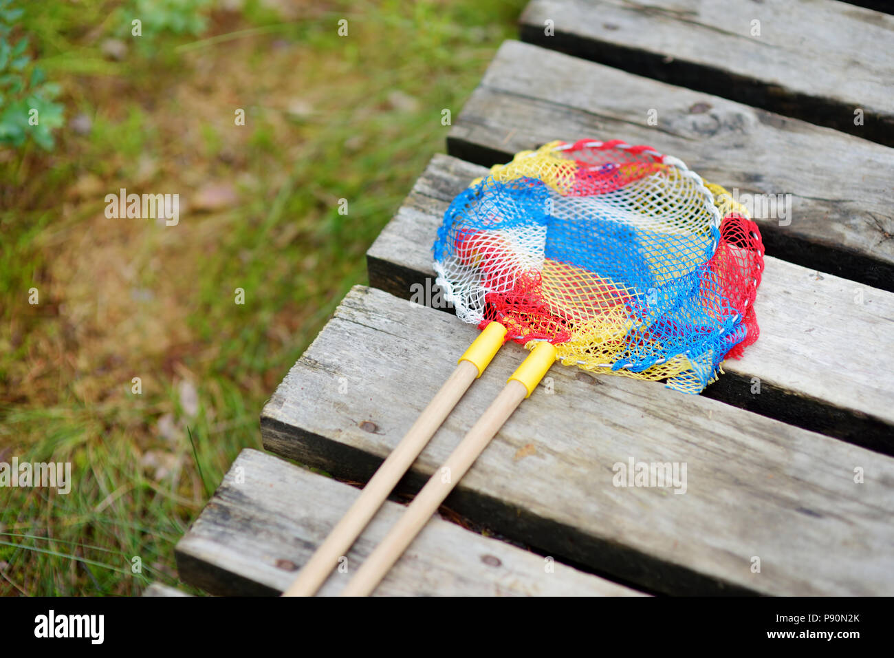 Two colorful butterfly nets on a wooden path Stock Photo - Alamy