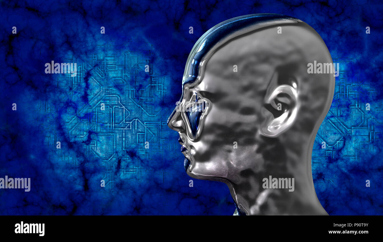 Humanoid tech head at background with electronic circuits - 3d ...