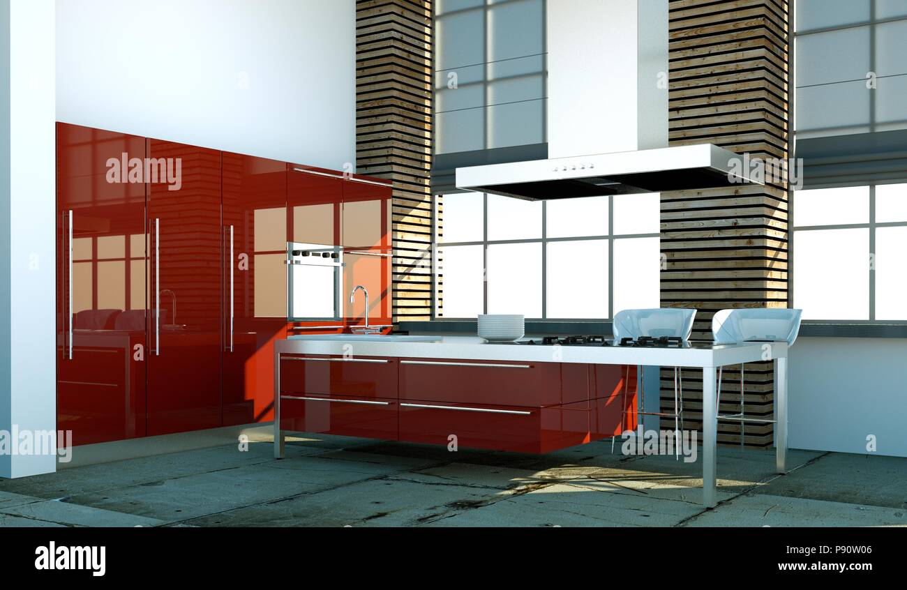 Modern red kitchen in loft with a beautiful design Stock Photo - Alamy