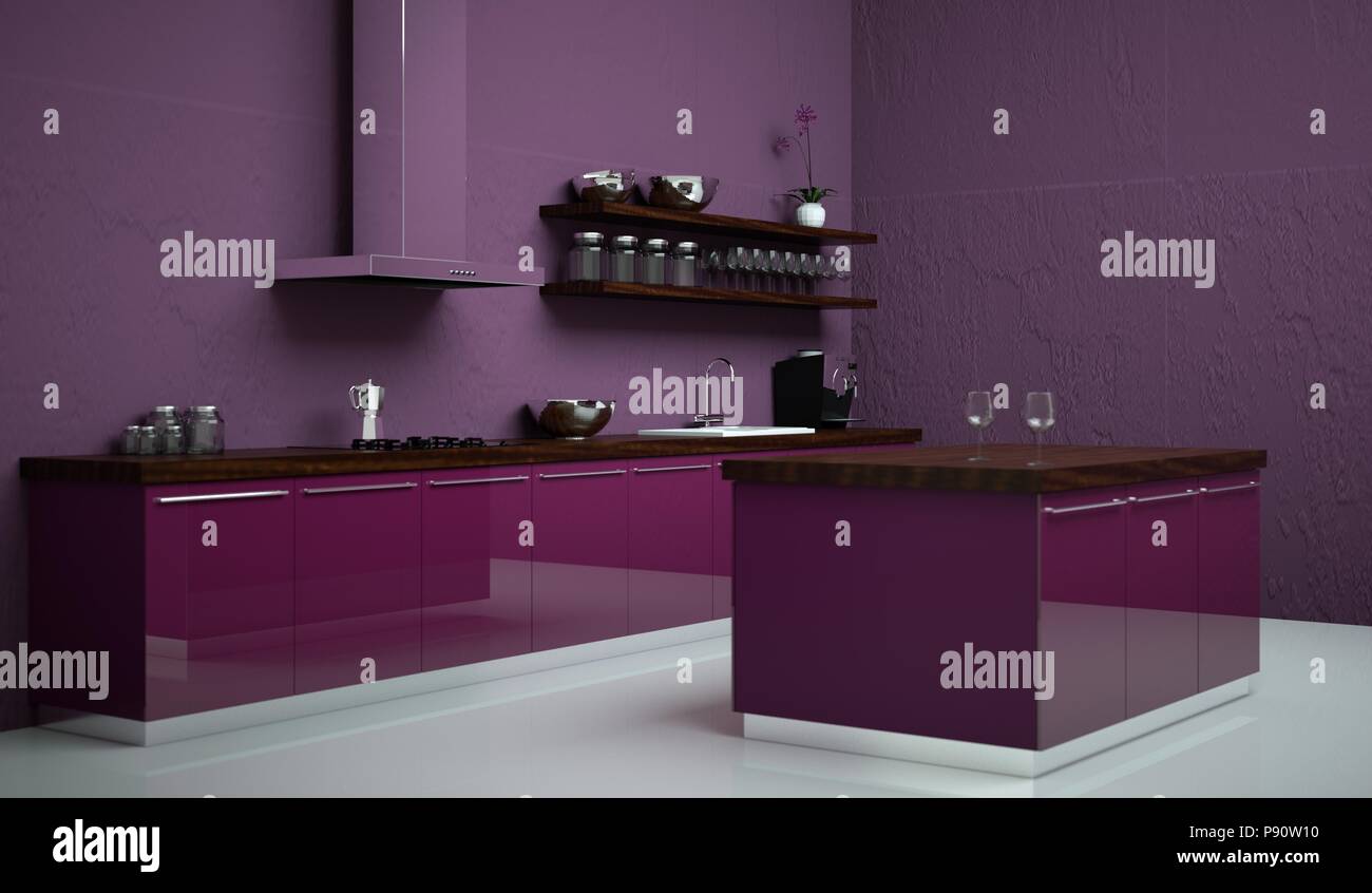 Modern violett kitchen with a beautiful design Stock Photo - Alamy