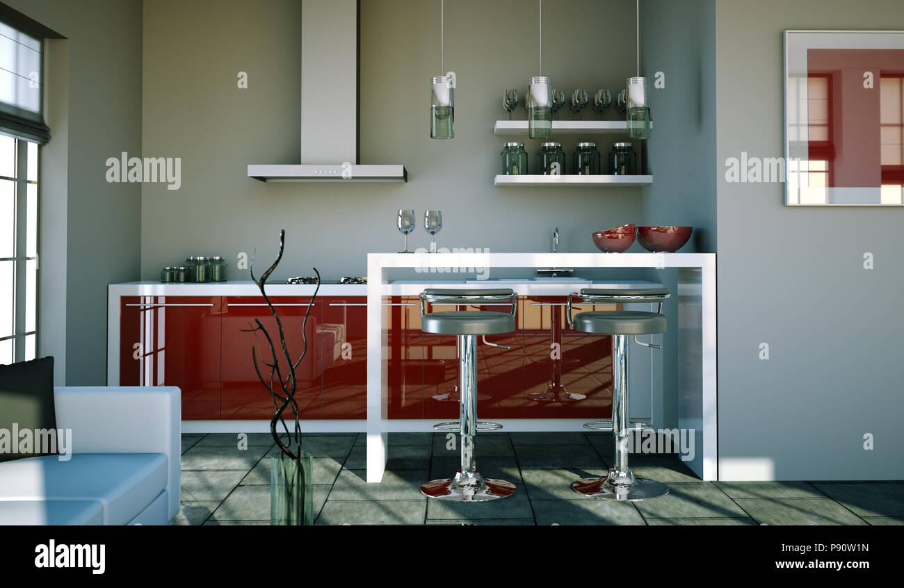 Modern red kitchen in loft with a beautiful design Stock Photo - Alamy