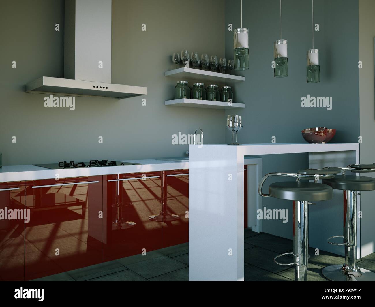 Modern red kitchen in loft with a beautiful design Stock Photo - Alamy