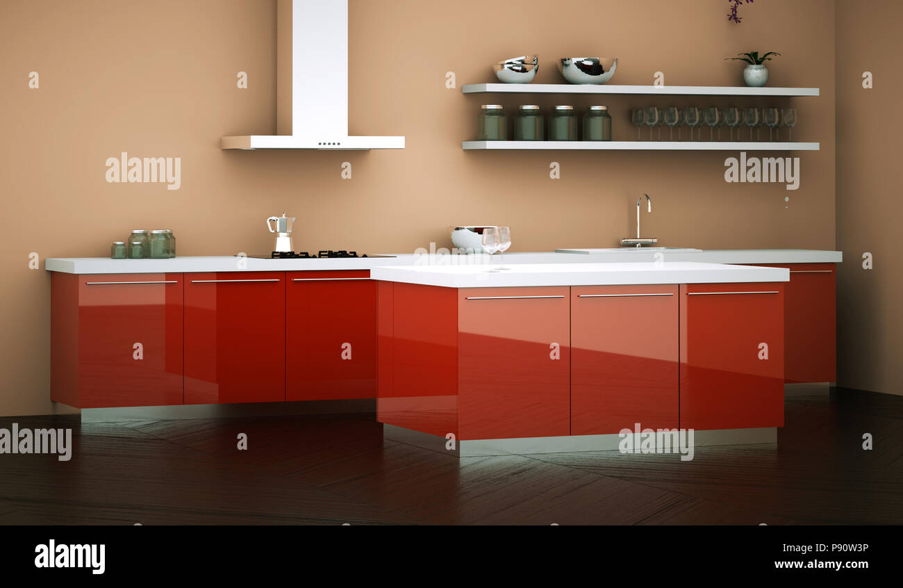 Modern red kitchen in loft with a beautiful design Stock Photo - Alamy