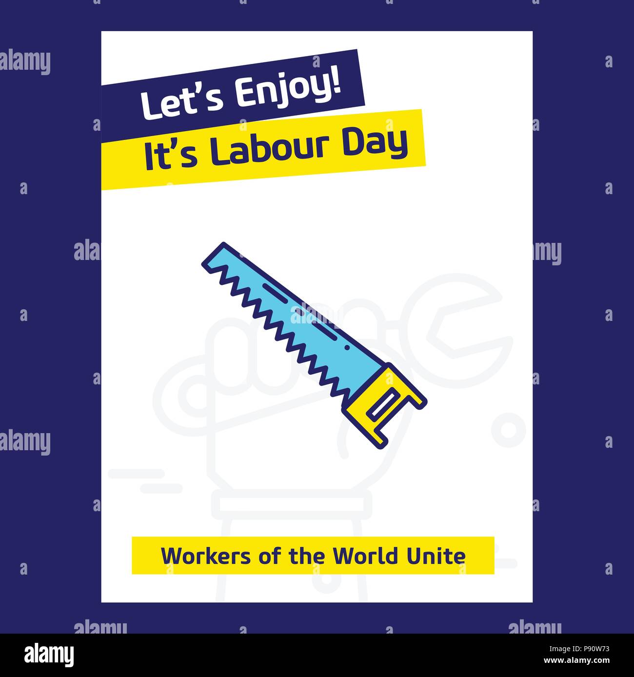 Happy Labour day design with blue and yellow theme vector with saw logo ...