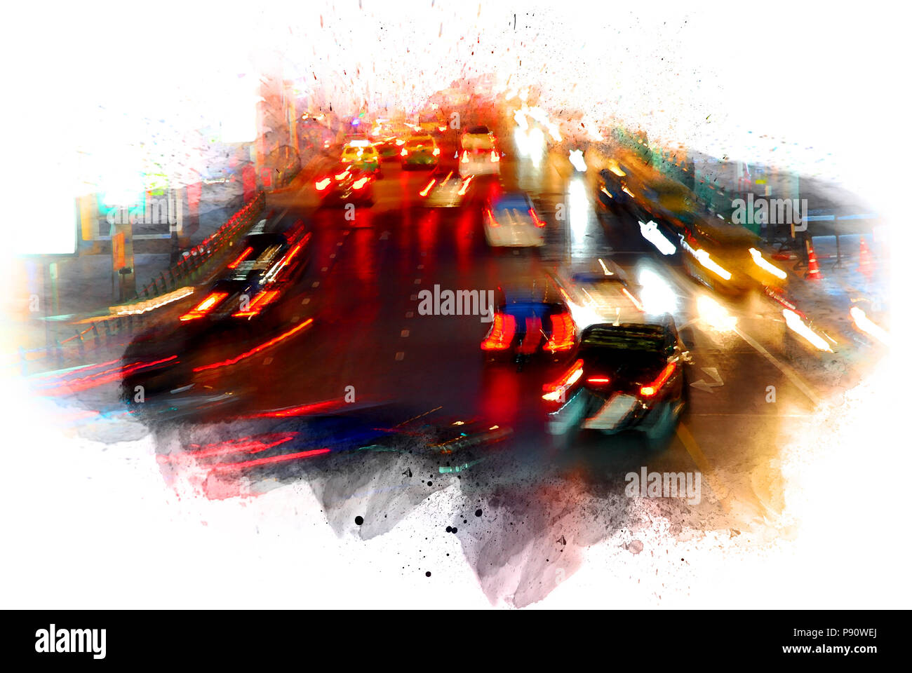 Abstract red light car traffic jam on the road watercolor painting ...