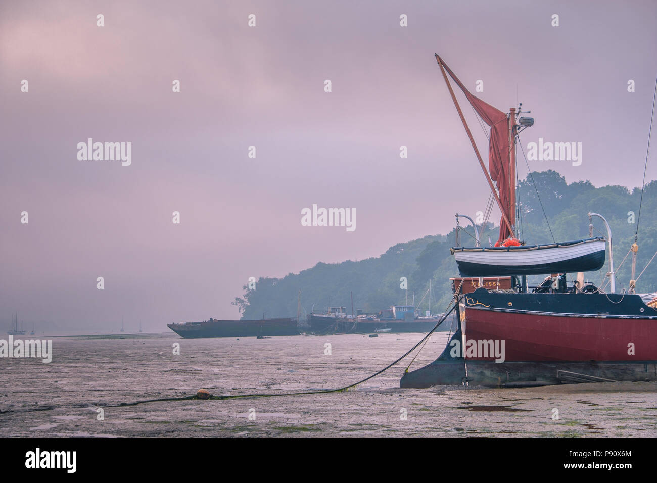 Old barges at Pin Mill in Suffolk. Thames sailing barge Melissa in the ...