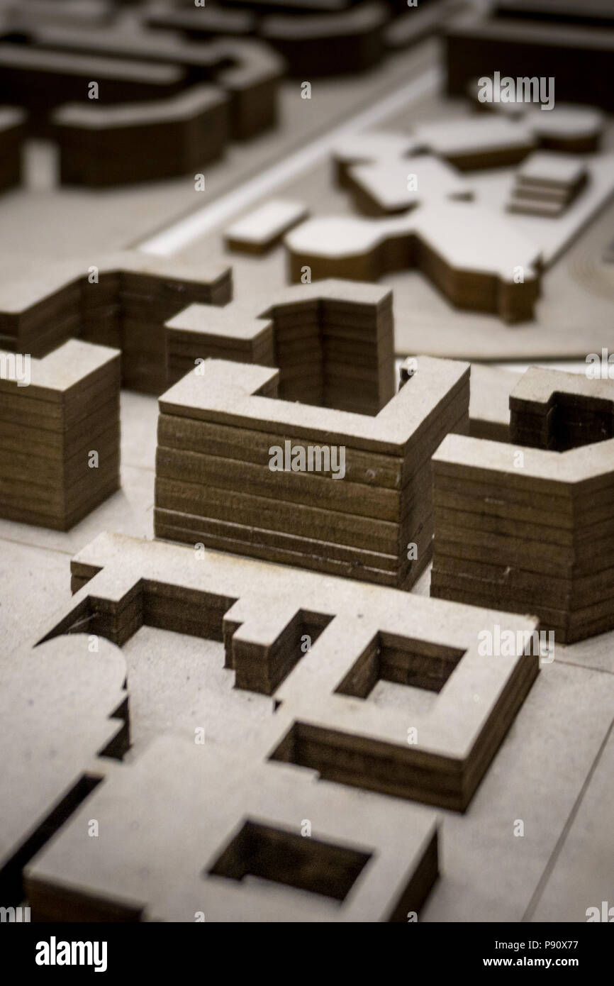 Aerial view of 3D model town plan with modern buildings and streets ...