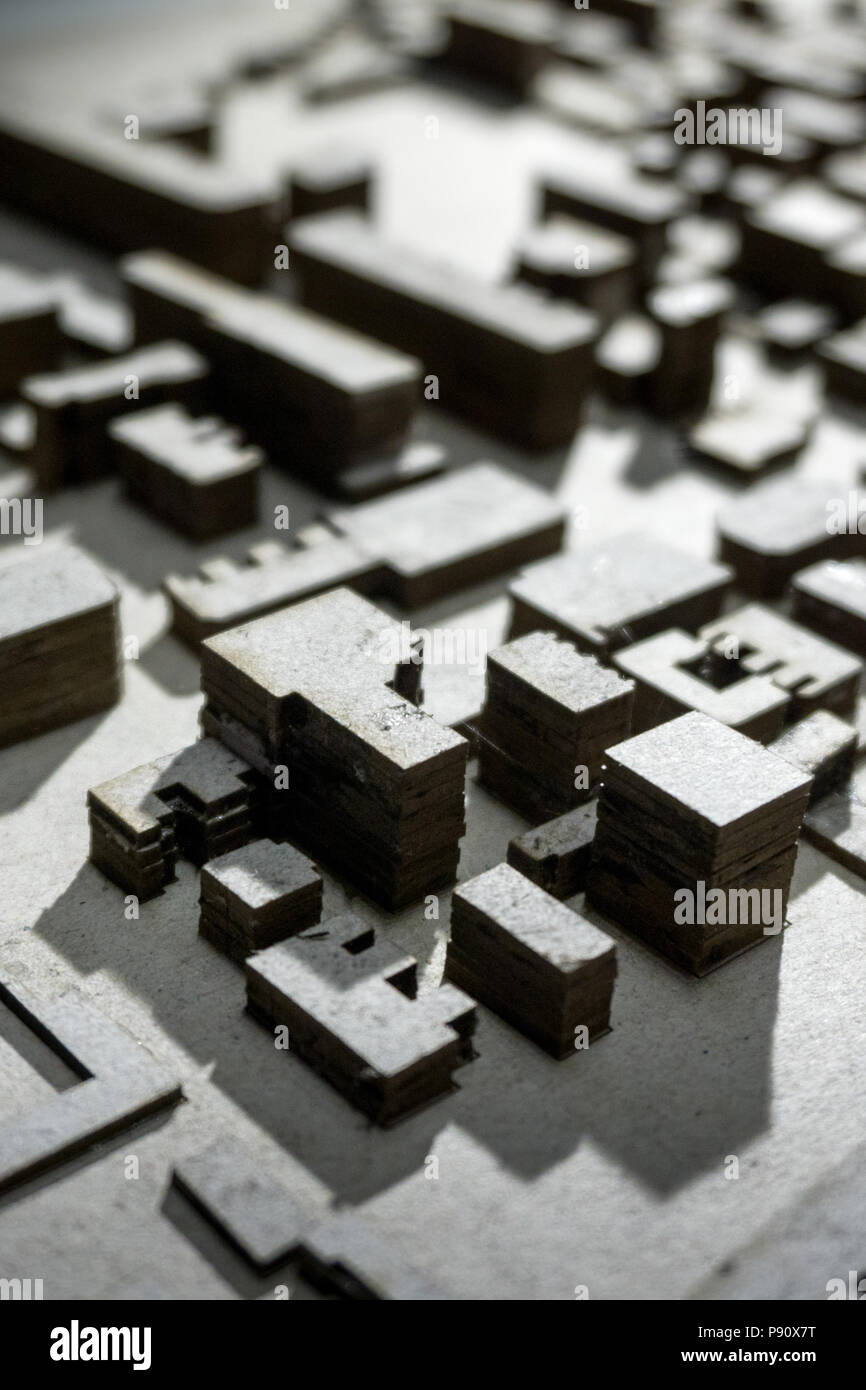 Aerial view of 3D model town plan with modern buildings and streets ...