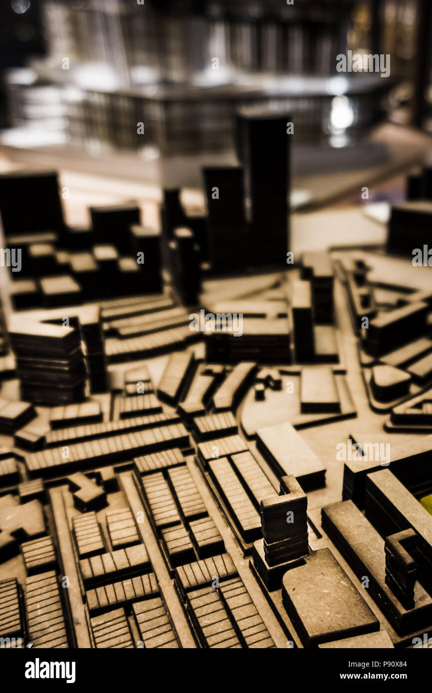 Aerial view of 3D model town plan with modern buildings and streets ...