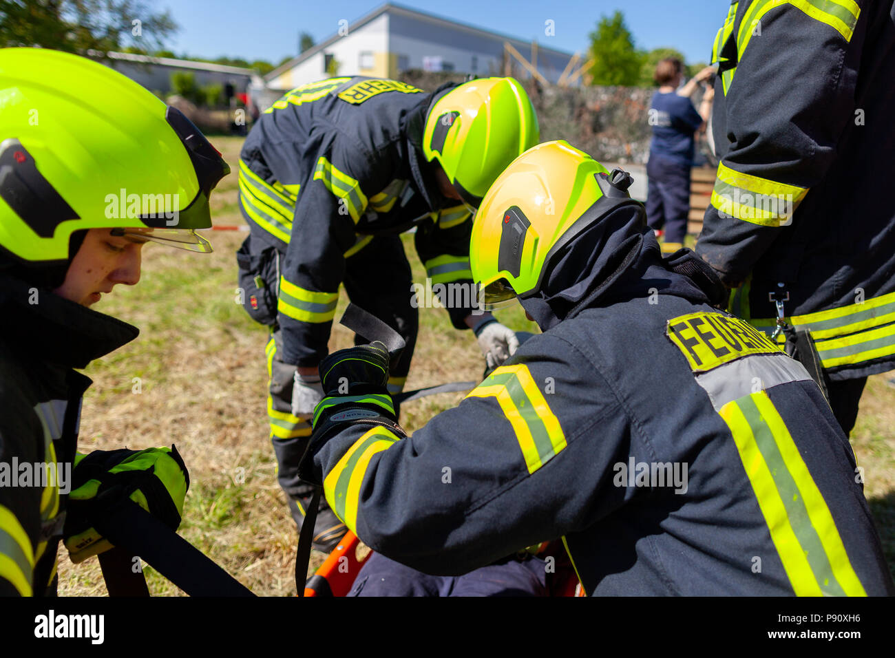 DELMENHORST / GERMANY - MAY 6, 2018: German firefighters train a ...