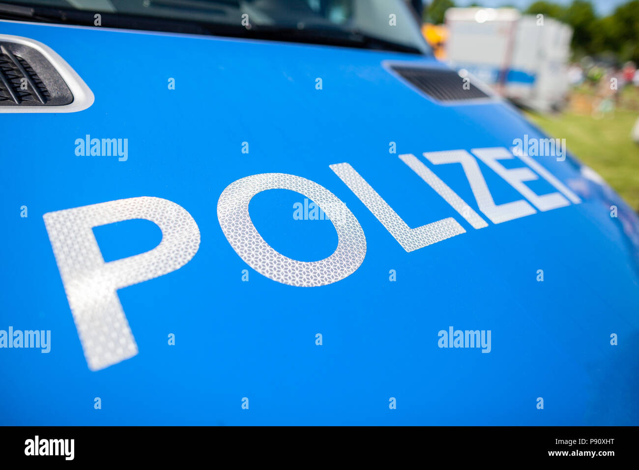 Polizei sign on a german police car. Polizei is the german word for ...