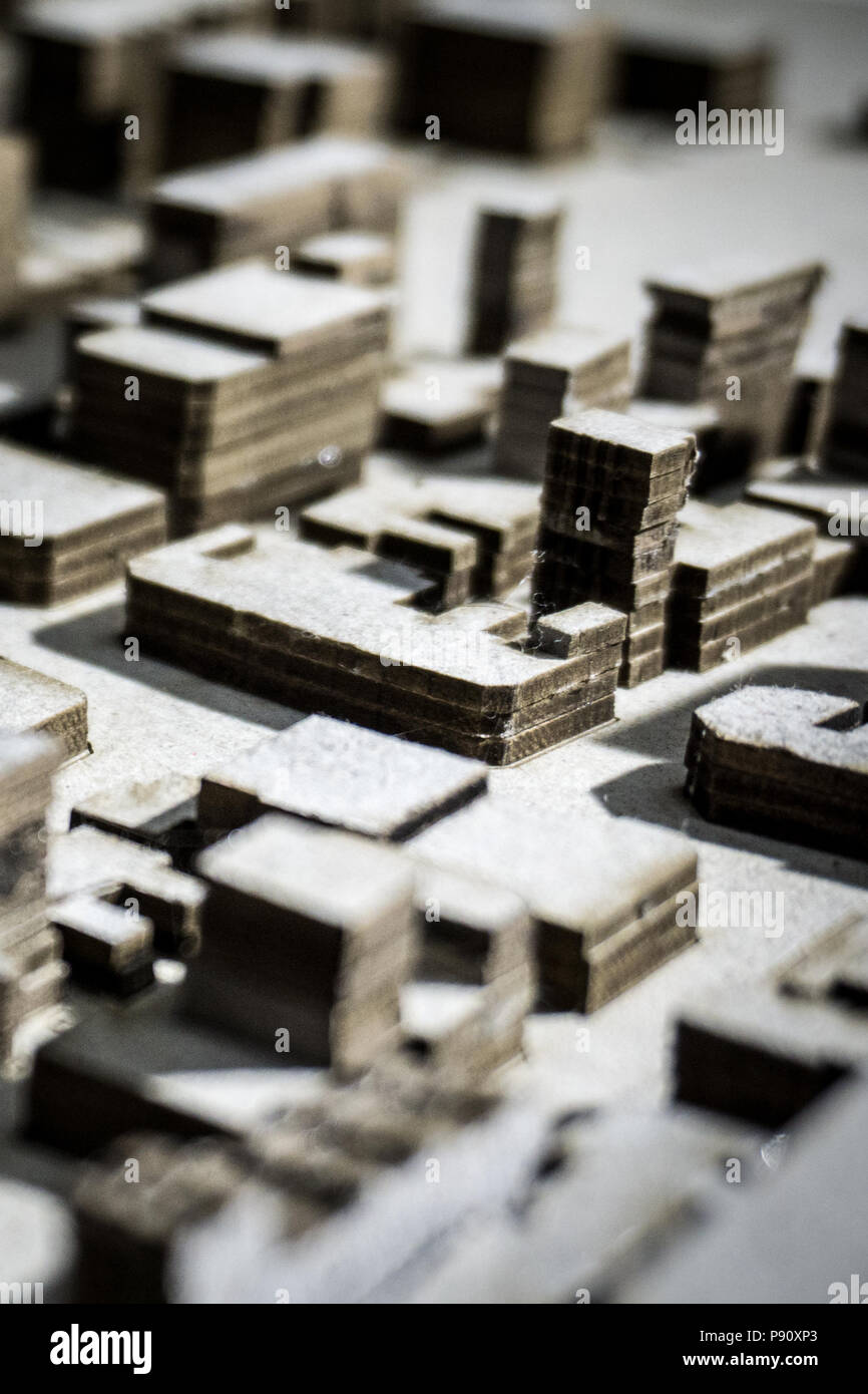 Aerial view of 3D model town plan with modern buildings and streets ...